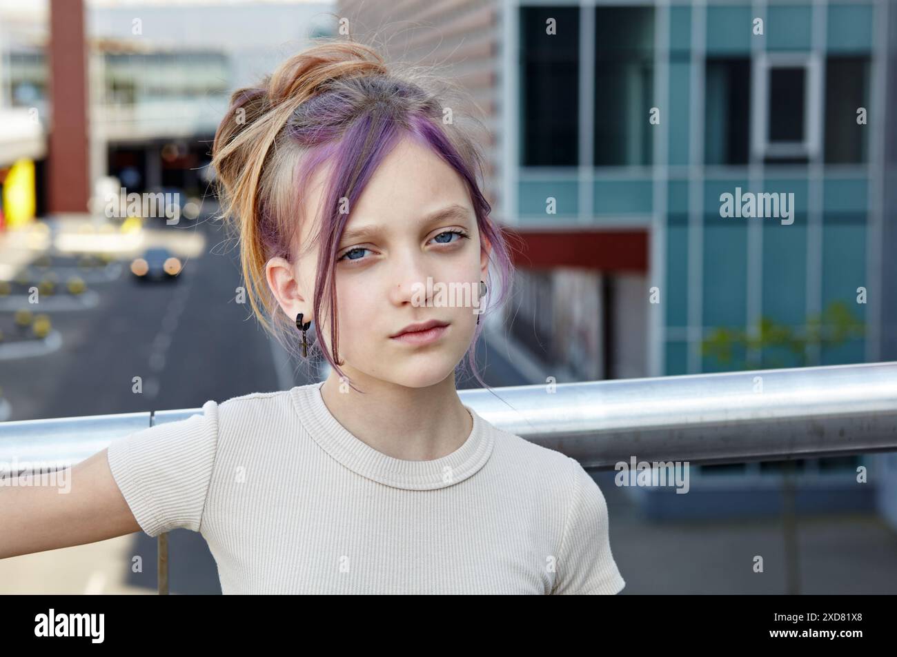 Portrait of teen girl standing near Mall. Hipster girl in trendy summer ...