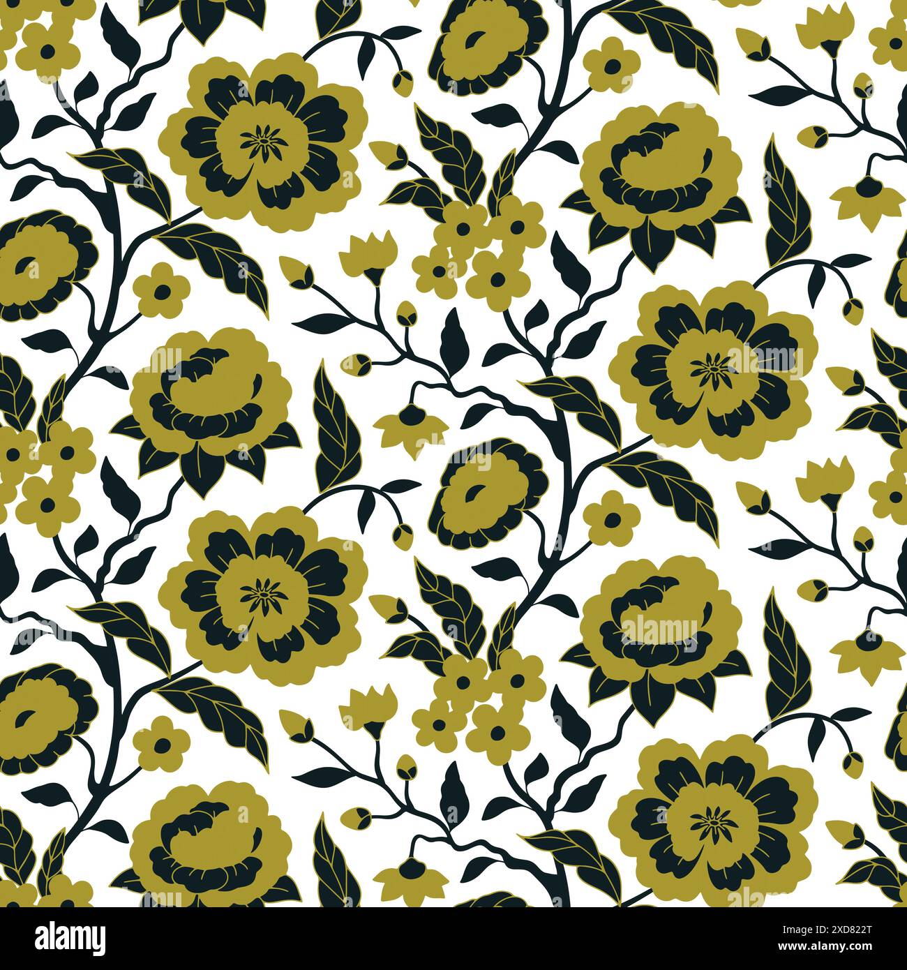 Seamless pattern with black and yellow chinoiserie hand drawn motifs ...