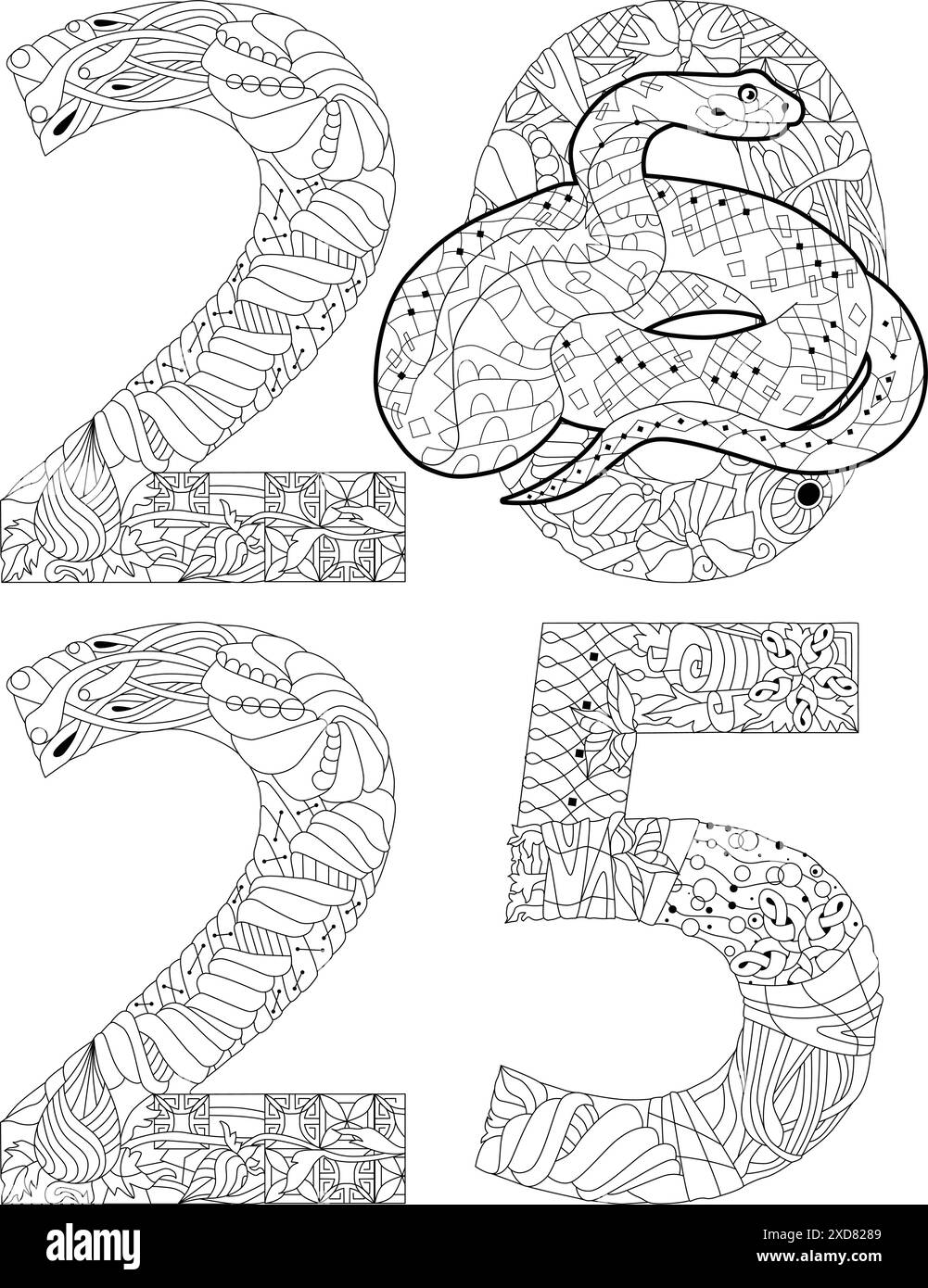 Hand drawn zentangle snake number 2025 for coloring pages, for t-shirt ...