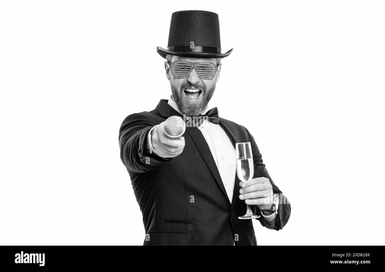 man magician isolated on white background. magician man with microphone ...