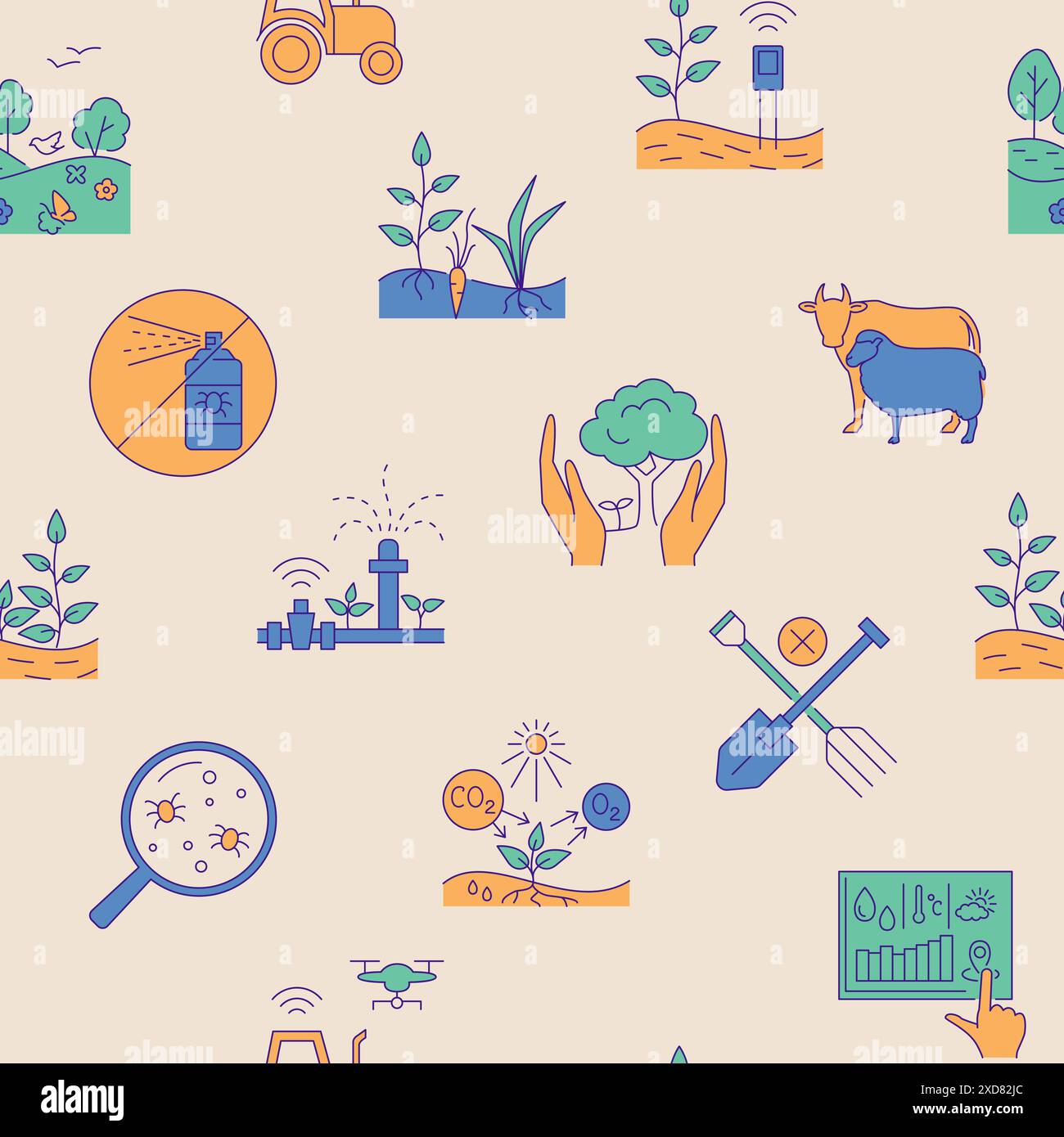 Regenerative agriculture seamless pattern. Farm equipment, smart ...