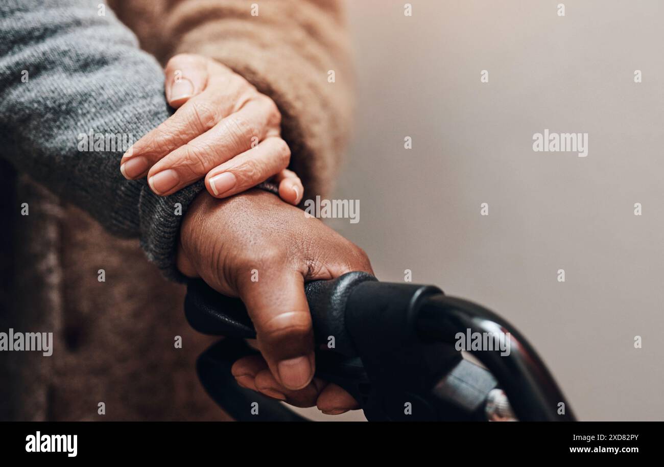 Senior couple and hands for disability support, empathy for pensioner ...