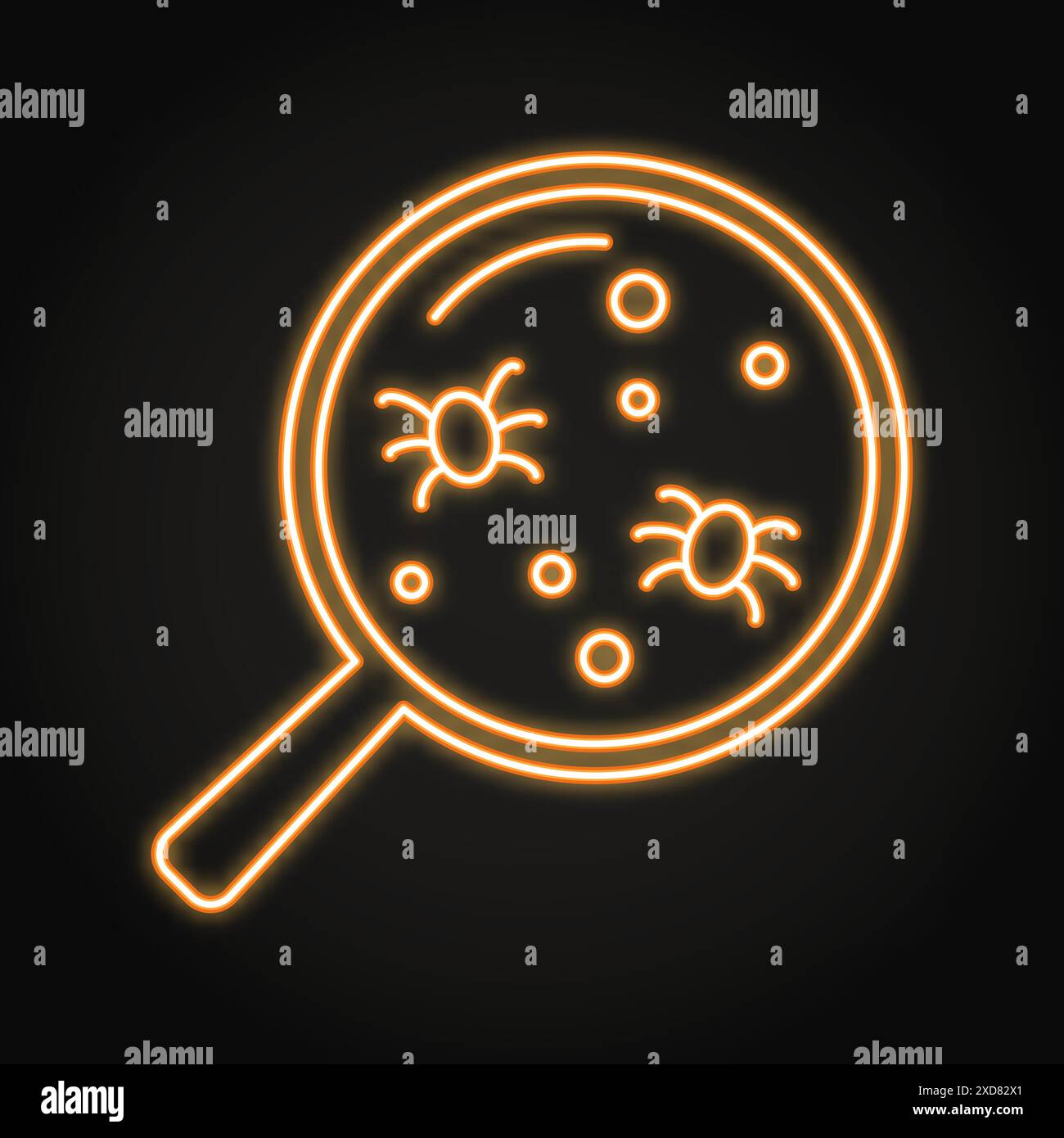 Bacteria under magnifying glass neon icon. Disease identification and ...