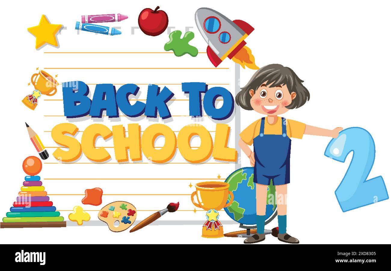 Child holding number two, school supplies around Stock Vector Image ...