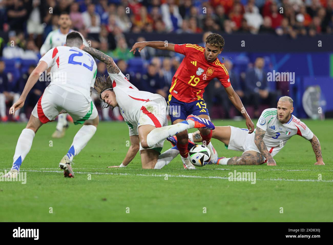 Gelsenkirchen, Germany 20.06.2024: Riccardo Calafiori of Italy, Lamine ...