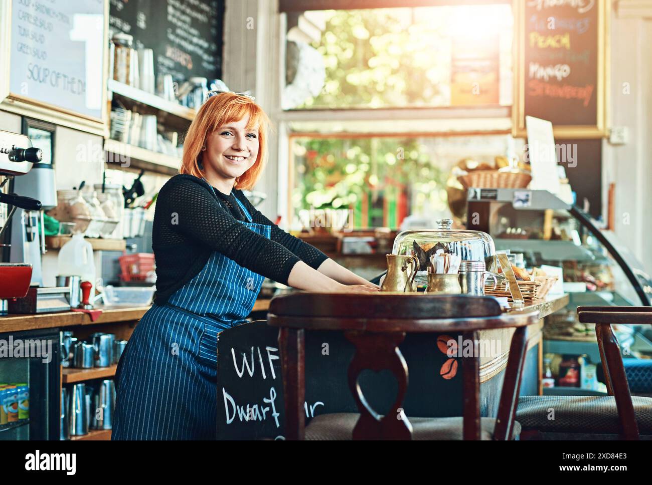 Portrait, woman and cafe as waitress in small business with happiness ...