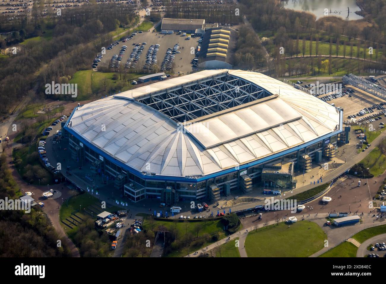 Aerial view, Veltins-Arena Bundesliga stadium of FC Schalke 04 with open roof and filled parking ...