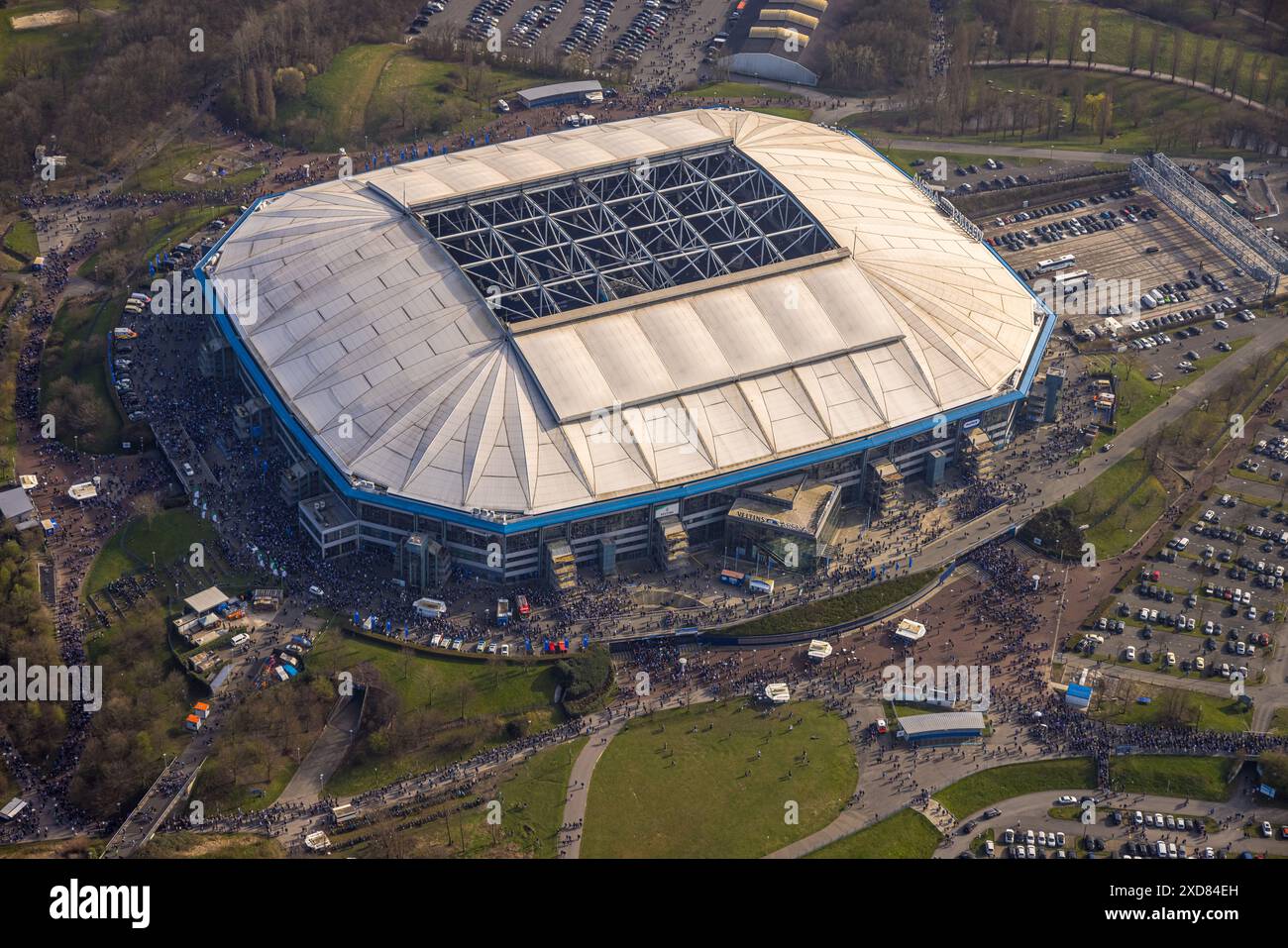 Aerial view, Veltins-Arena Bundesliga stadium of FC Schalke 04 with open roof and filled parking ...