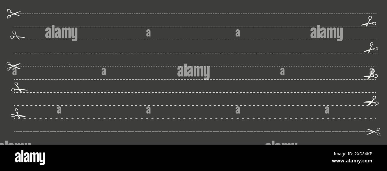 Dotted lines with scissors icons on dark background. Cut here symbols ...