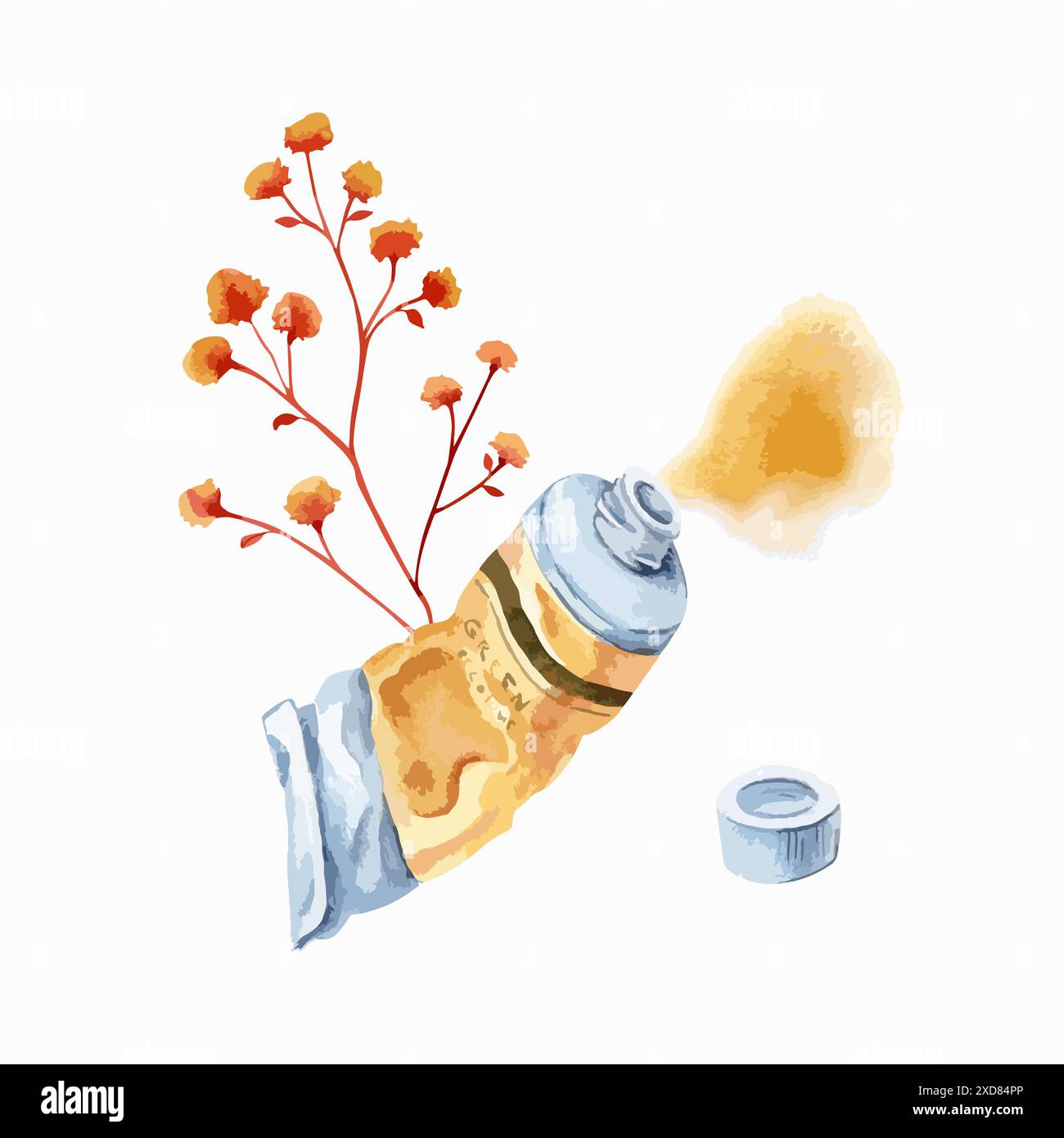 Composition of watercolor illustrations: art materials, paints ...