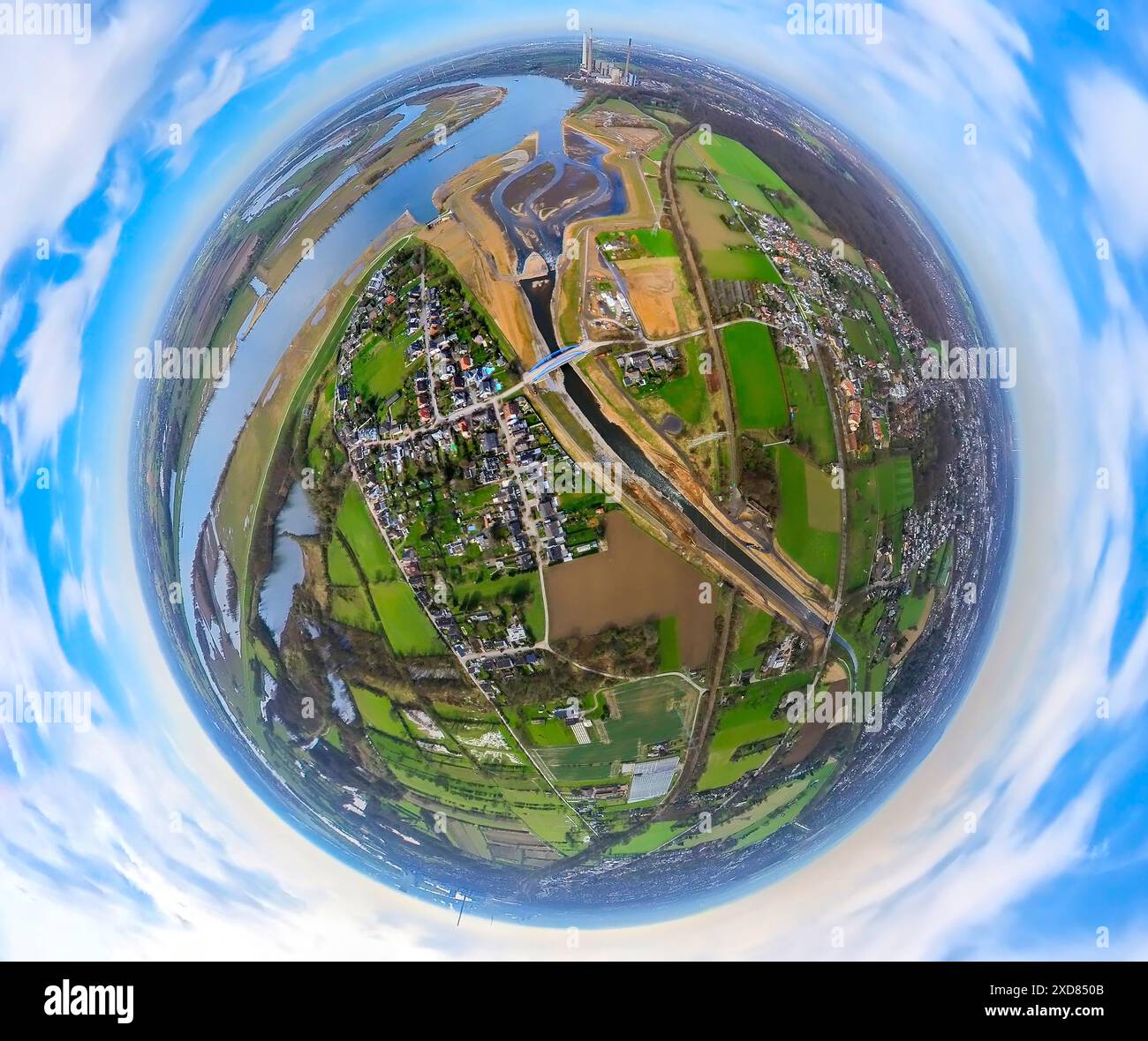 Aerial view, New Emscher estuary and river Rhine, blue bridge ...
