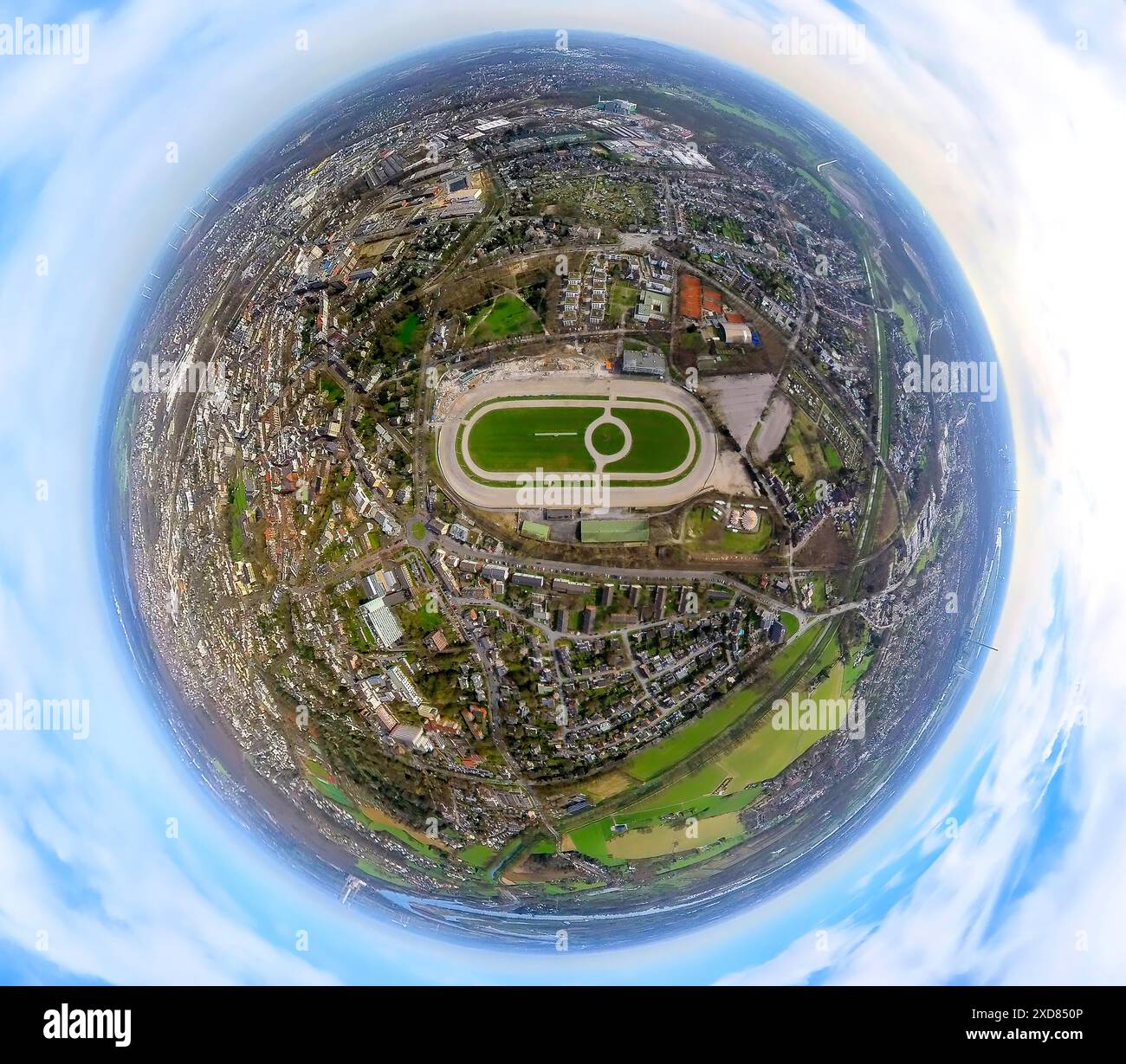 Aerial view, trotting track, new residential area with St. Benedikt ...