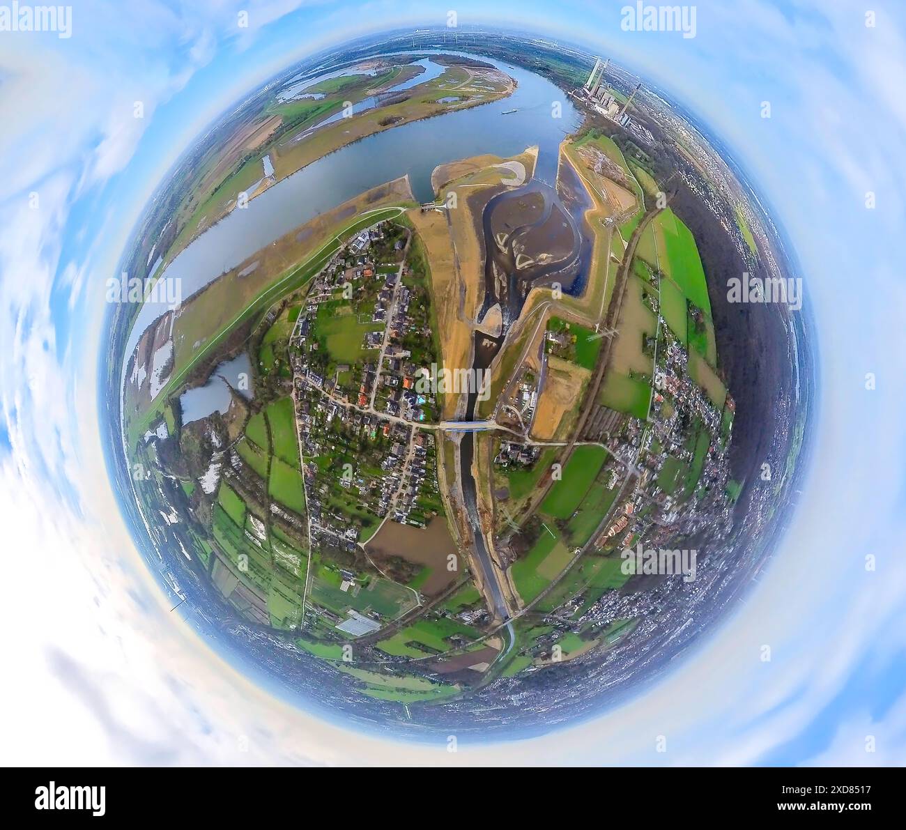 Aerial view, New Emscher estuary and river Rhine, blue bridge ...