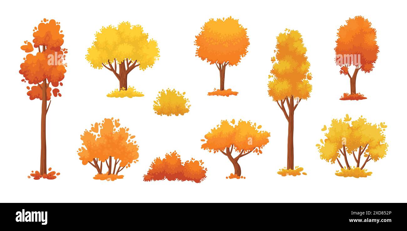Colorful autumn trees. Cartoon yellow orange fall tree and autumnal ...