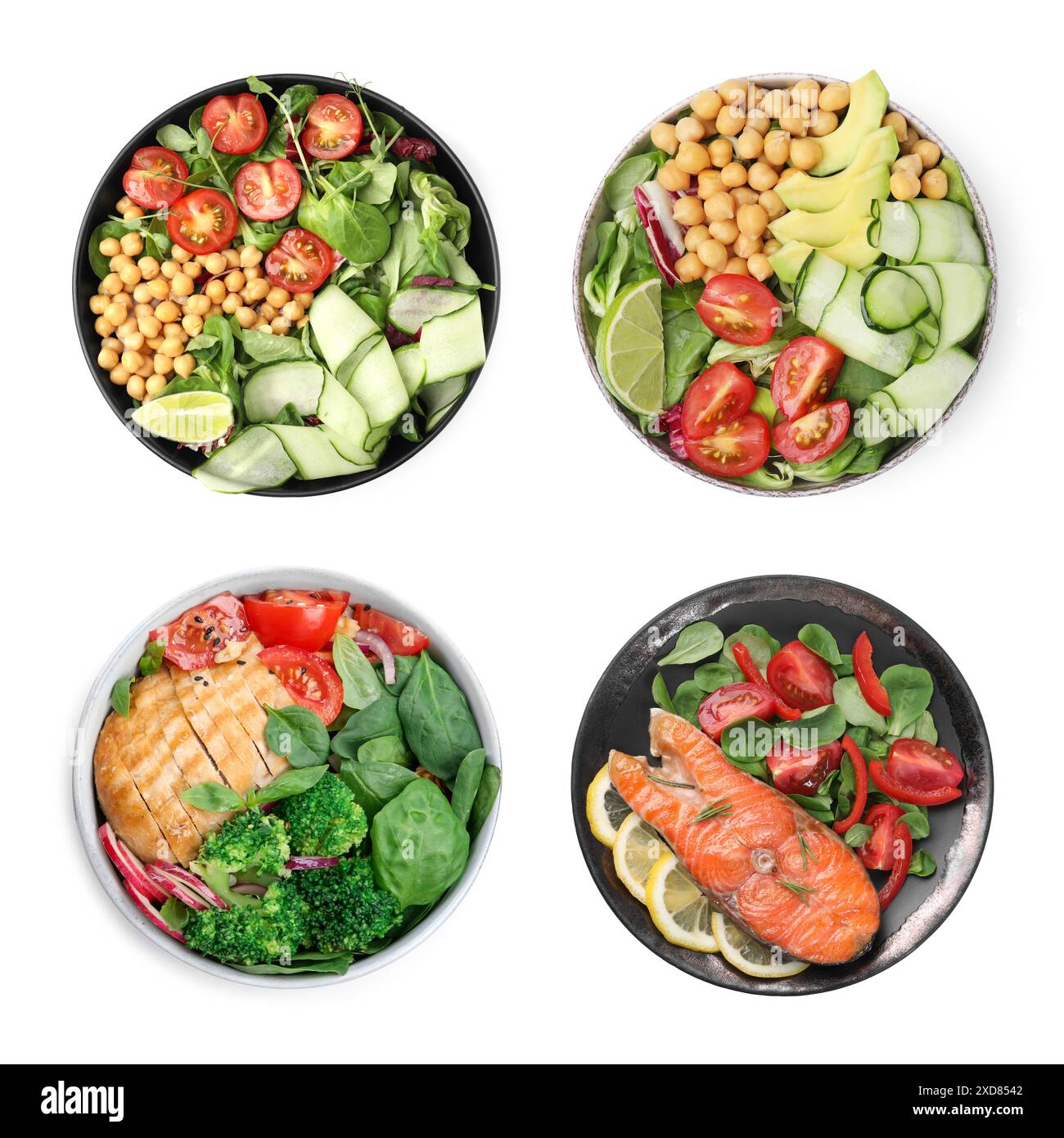 Set of different healthy meals on white background, top view Stock ...