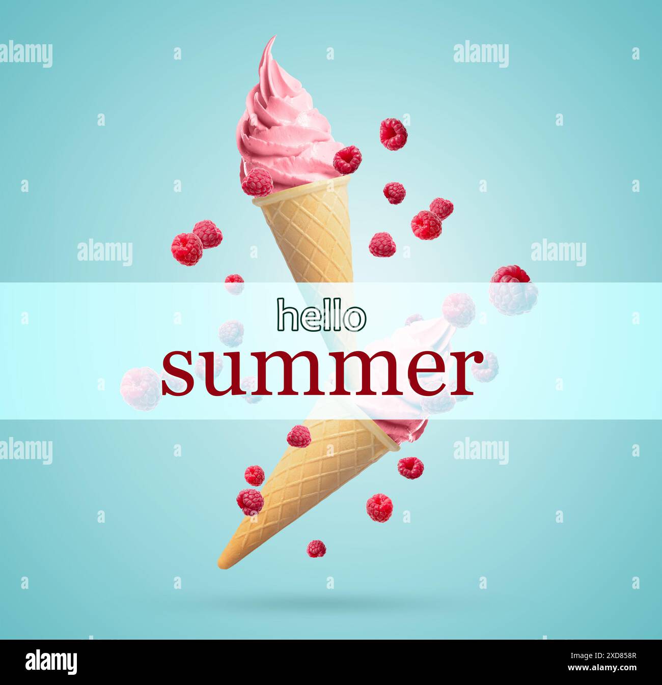 Hello Summer. Tasty ice cream in crispy cones and raspberries in air on ...