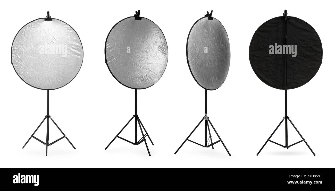 Professional reflectors isolated on white, set. Photo studio equipment ...