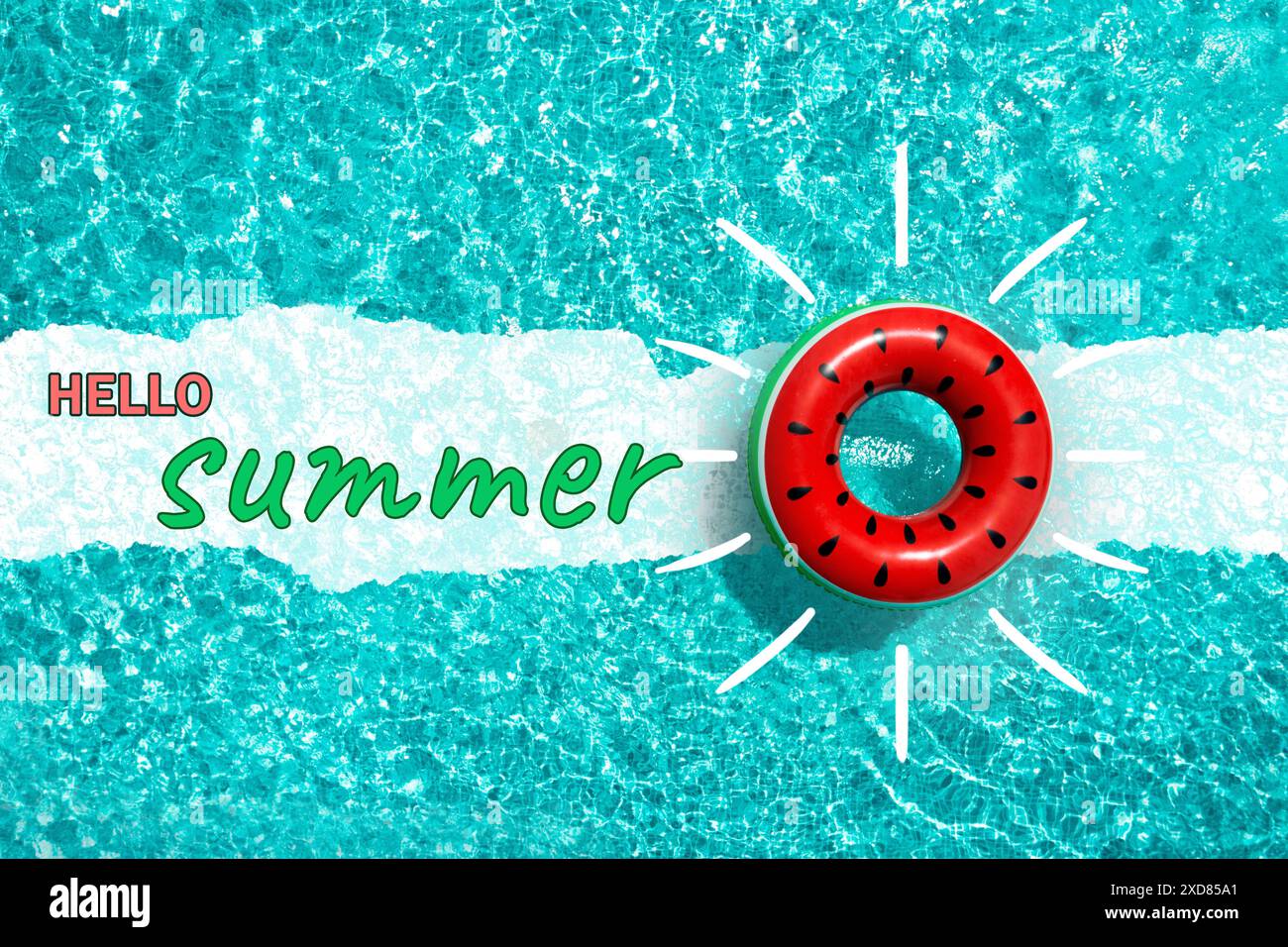 Hello Summer text and swimming pool with inflatable ring, topview Stock ...