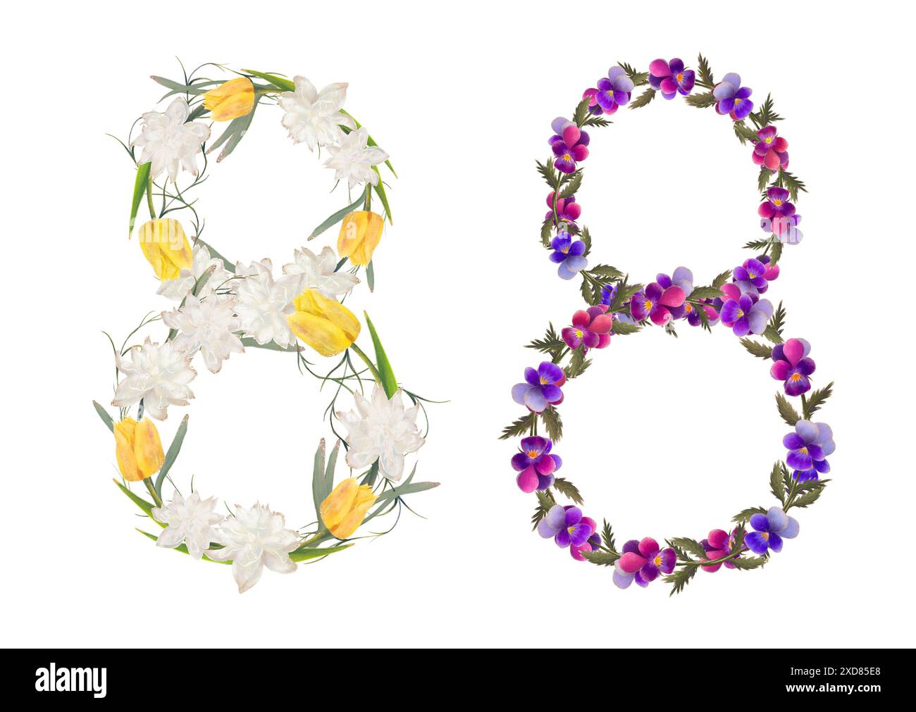 Elegant number eight designs made from yellow and purple flowers ...