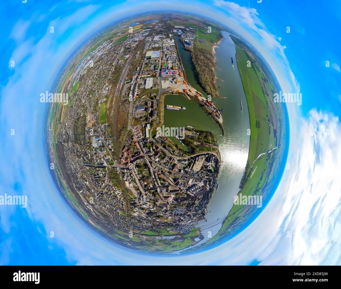 Aerial view, Emmerich harbor on the Rhine river, industrial area, earth ...