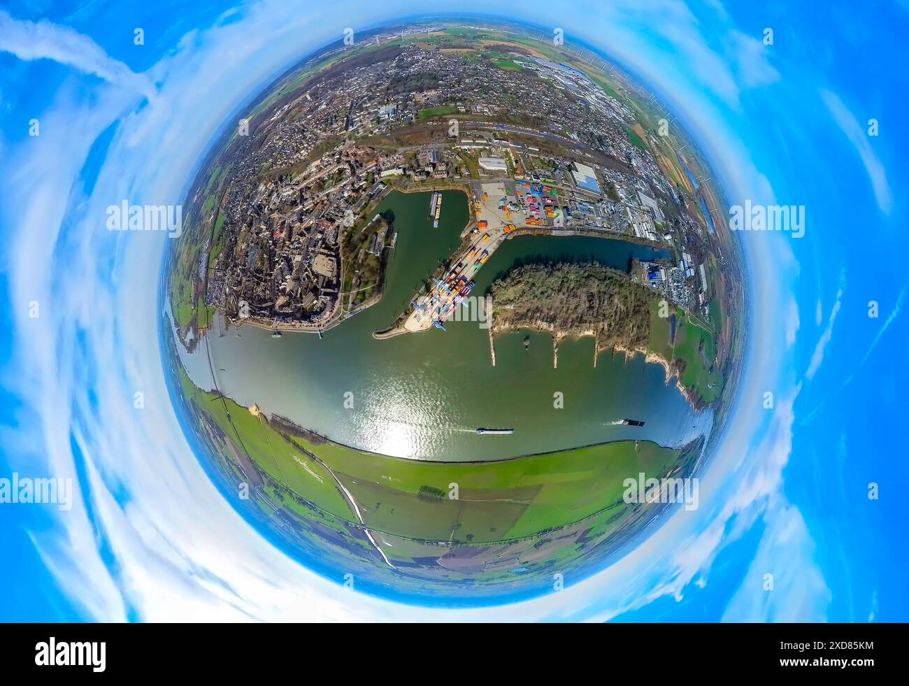 Aerial view, Emmerich harbor on the Rhine river, industrial area, earth ...