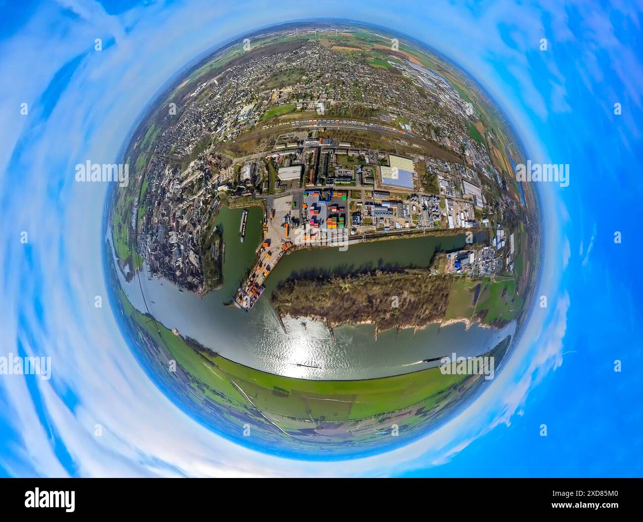 Aerial view, Emmerich harbor on the Rhine river, industrial area, earth ...