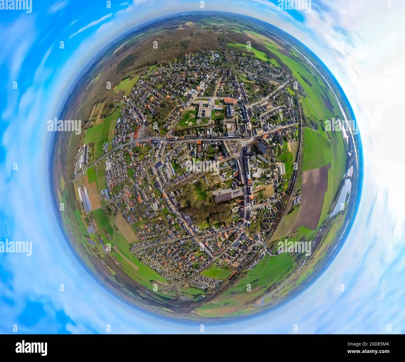 Aerial view, residential area, view of Elten, meadows and fields, globe ...