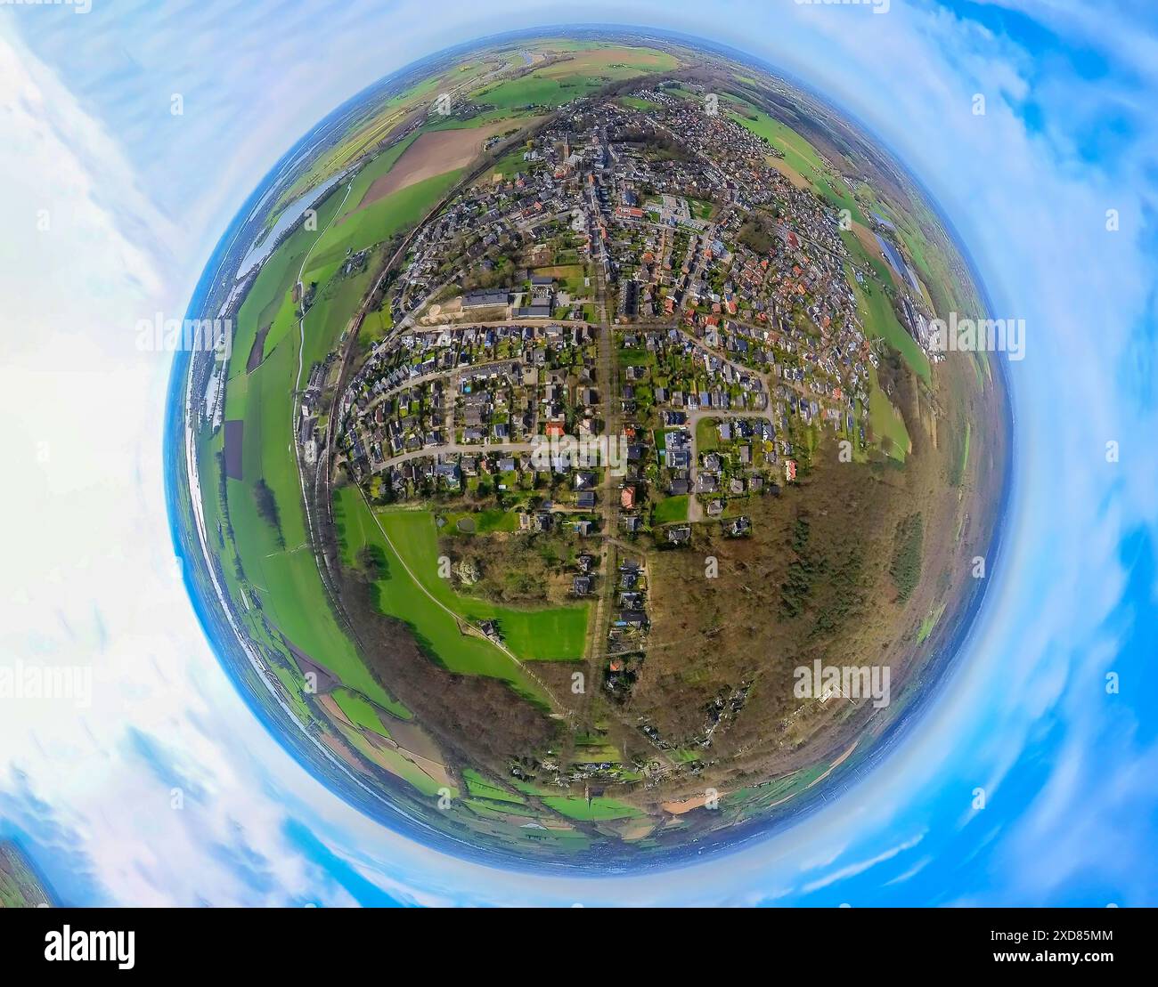 Aerial view, residential area, view of Elten, meadows and fields, globe ...