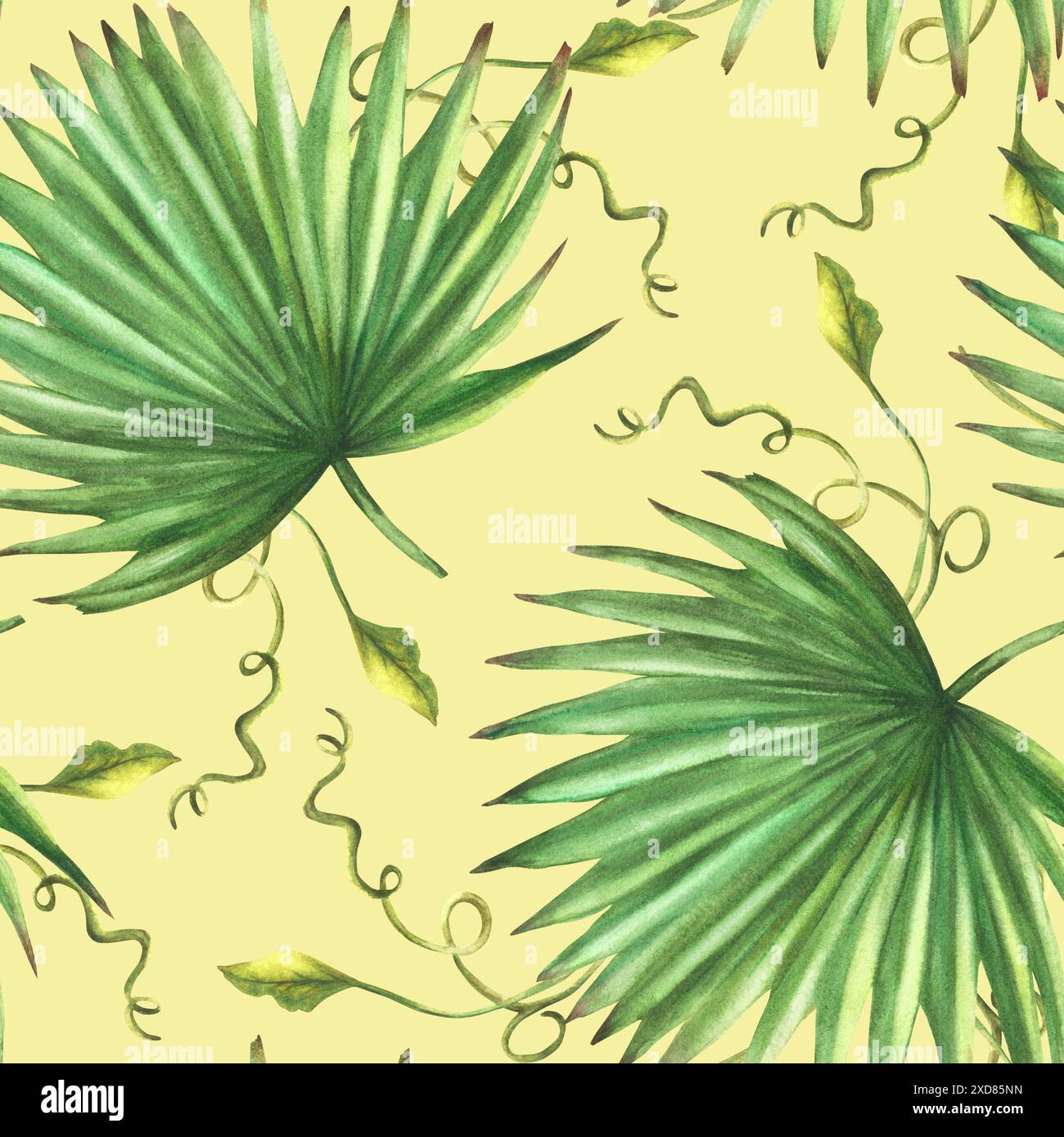 Palm leaves with curly exotic creeper. Tropical green seamless pattern ...