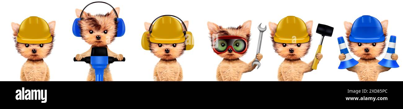 Funny dogs with carpenter tools like wrench, headphones and protective ...