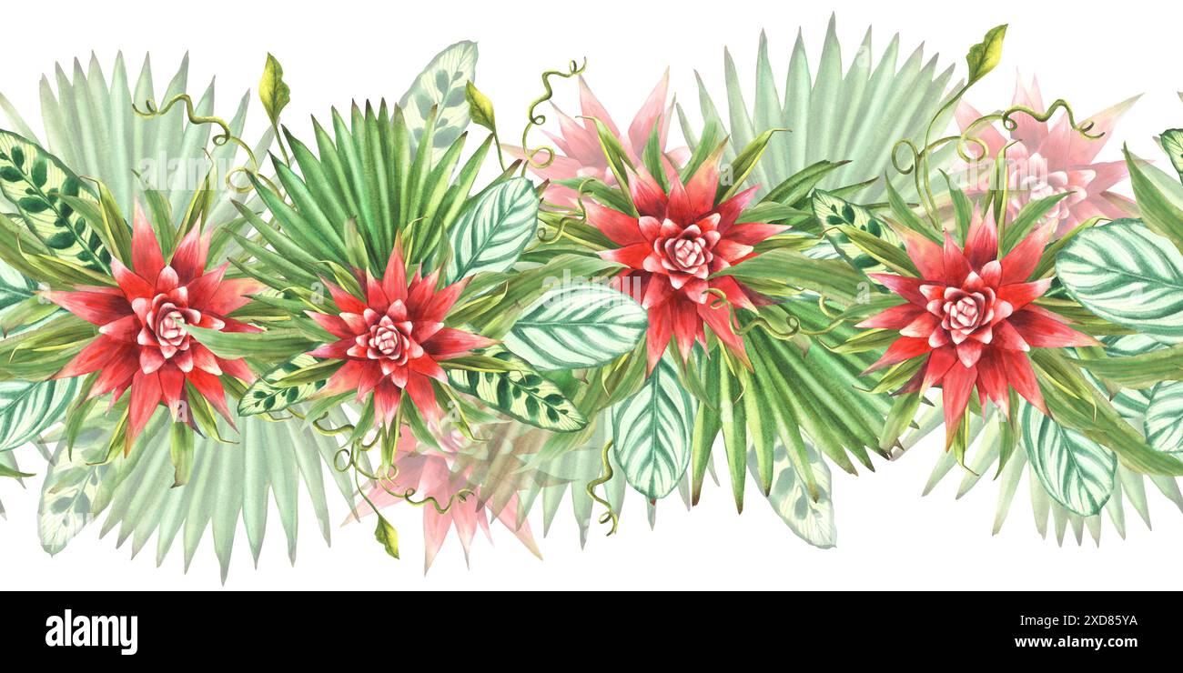 Tropical leaves with red flowers, palm leaf, curly creeper, home plant ...