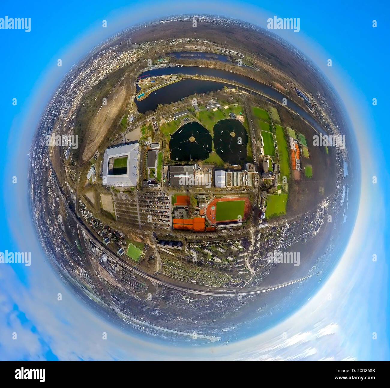 Aerial view, sports park Duisburg with soccer stadium MSV Arena ...
