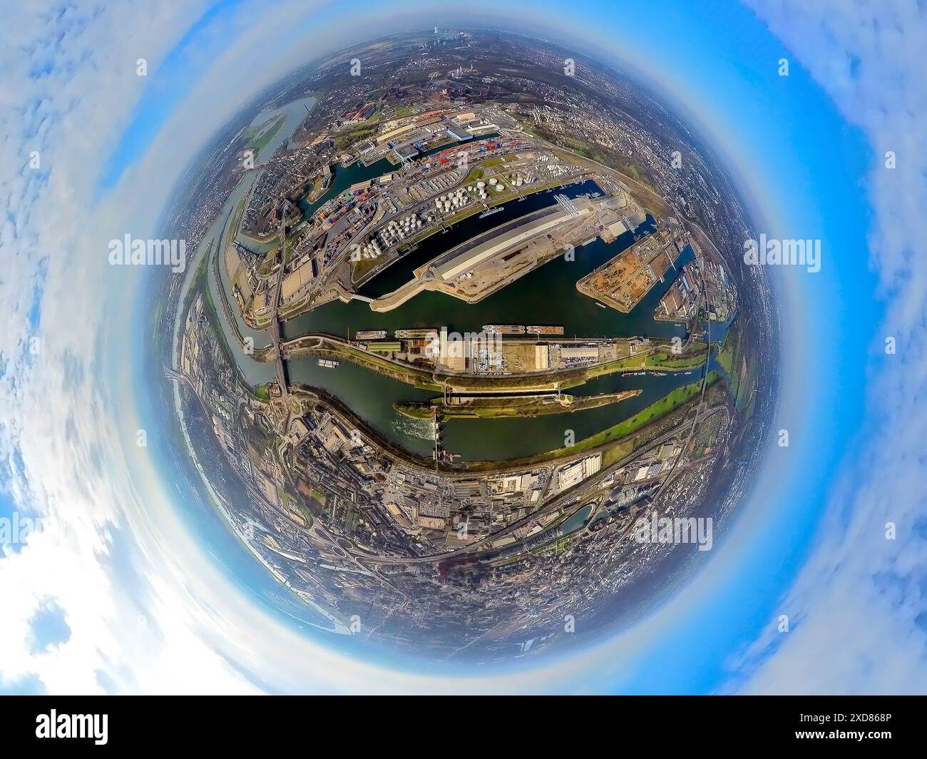 Aerial view, Duisport - Duisburg harbor, harbor area with oil island ...
