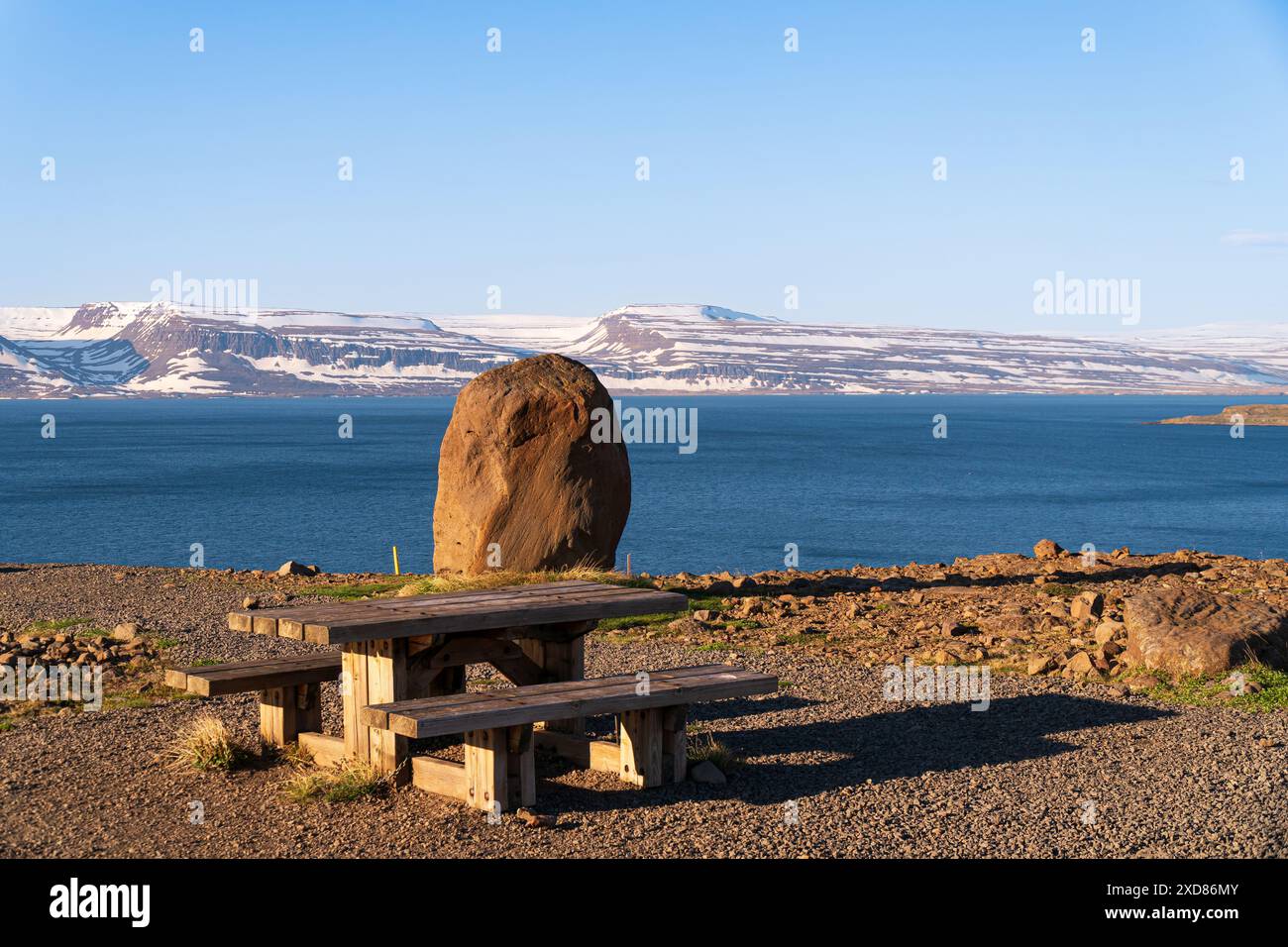 Beautiful rest area near a road in Iceland, with views over the fjord ...