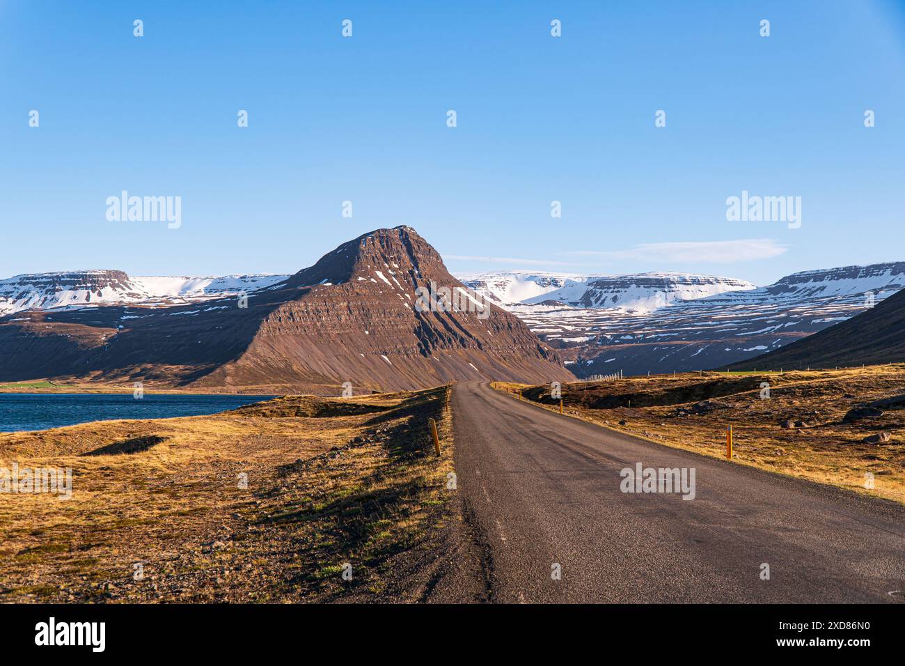 Iceland, Isafjordur route 61, road trip, summer evening, fjords, empty ...