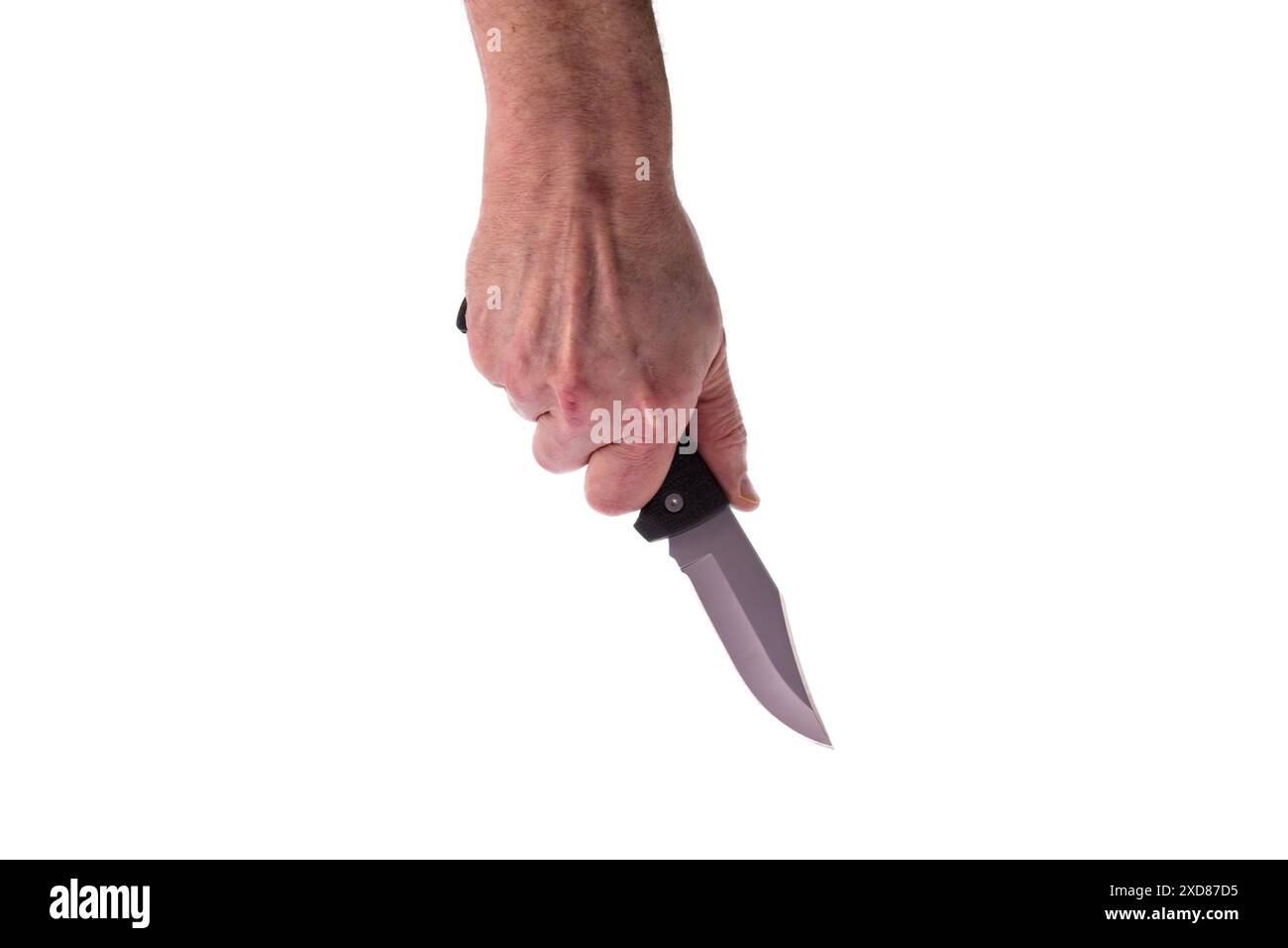 Closeup of man´s hand and switchblade knife isolated on white ...