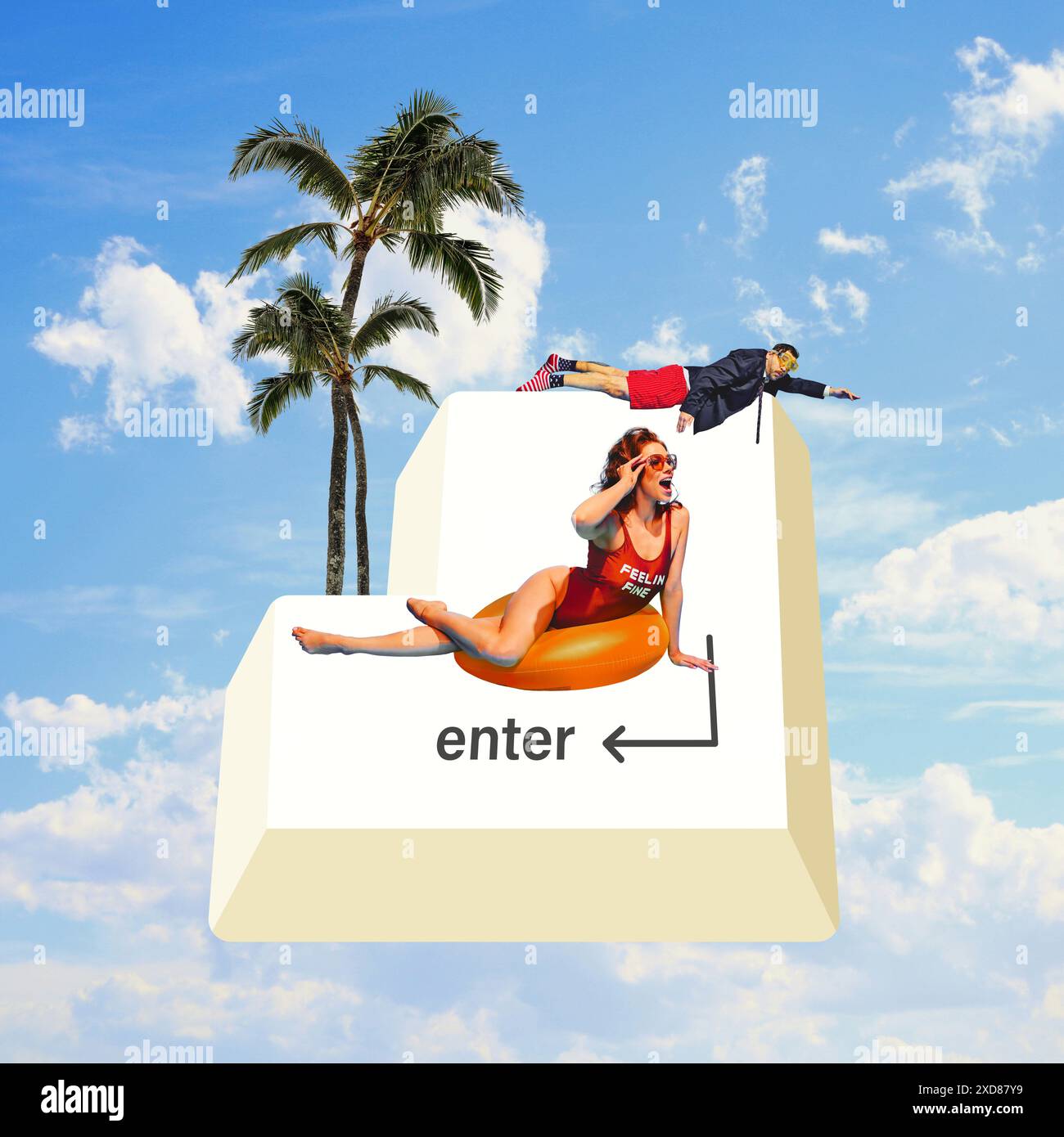 Contemporary art collage. Emotional happy young woman sunbathing on ...