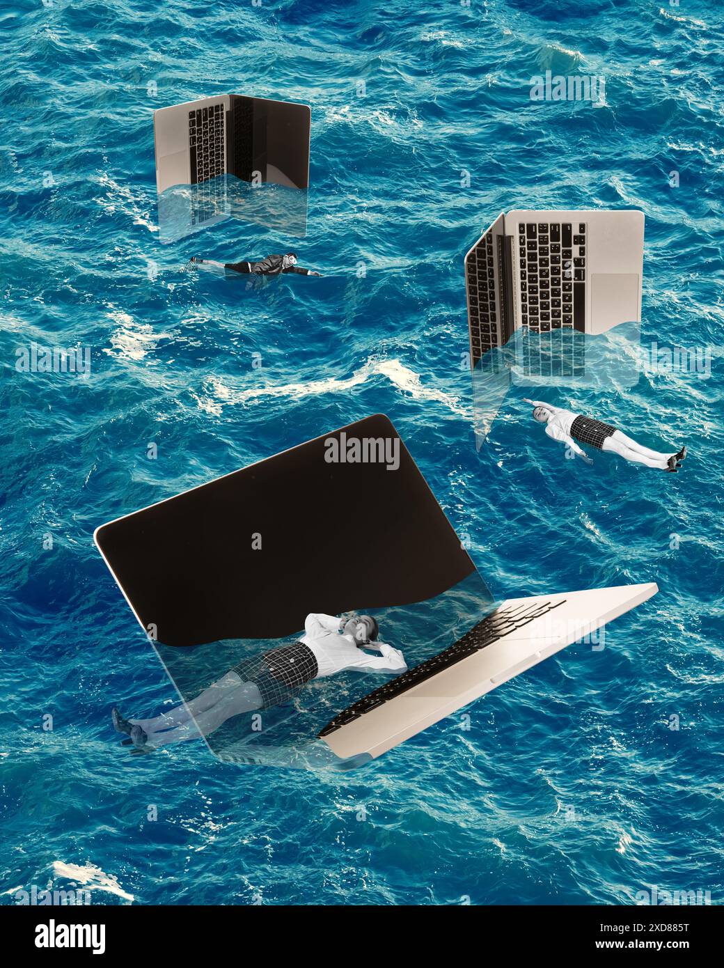 Contemporary art collage. Employees floating into blue ocean water with ...