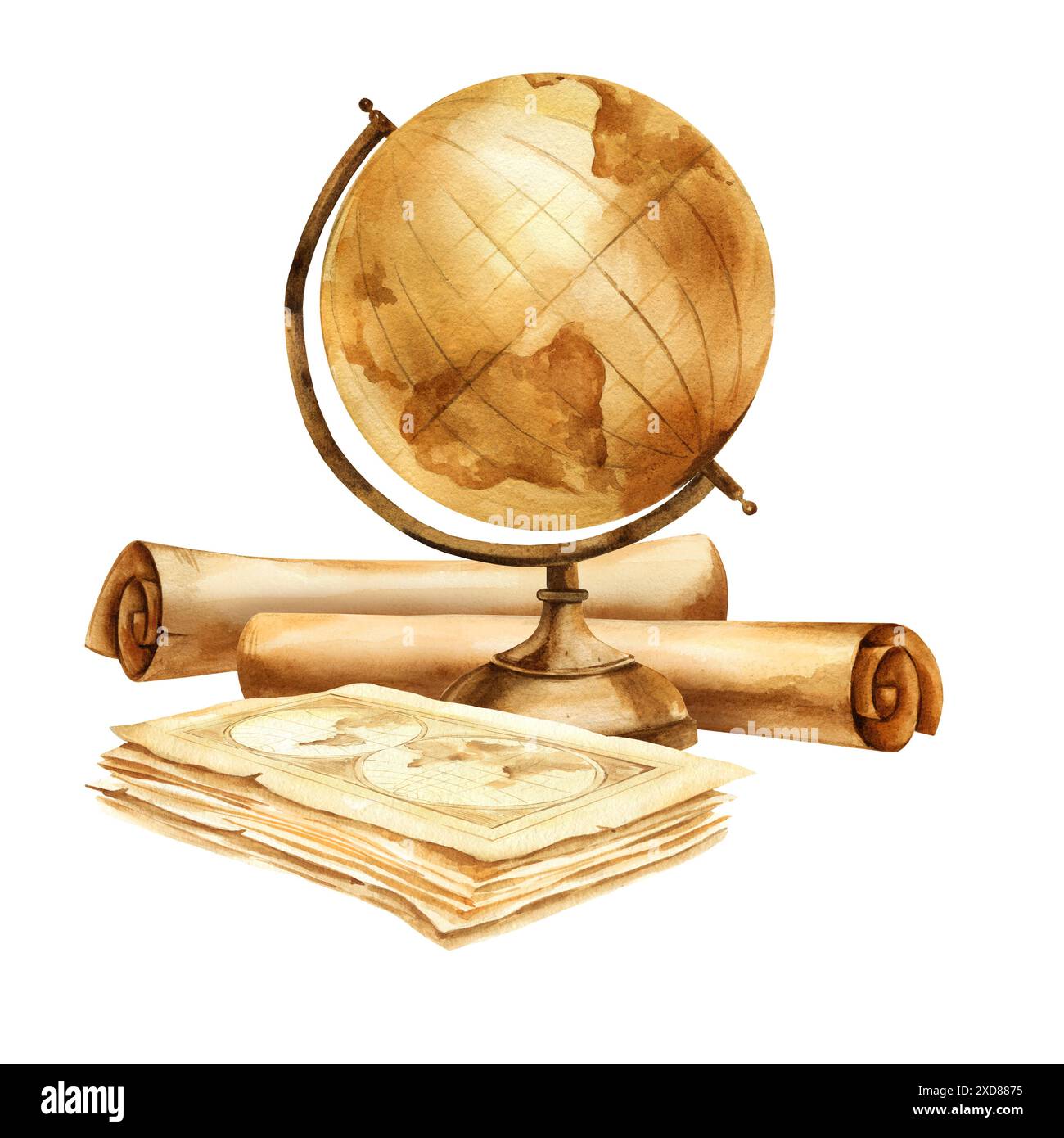 watercolor old brown paper scrolls, vintage antique globe of earth ...