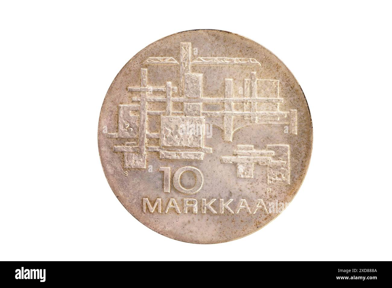 Closeup of front of 10 markka commemorative coin of 50 year independent ...