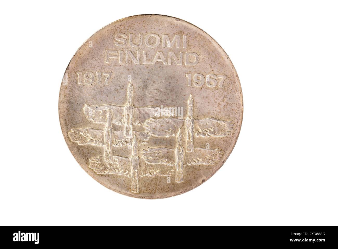 Closeup of backside of 10 markka commemorative coin of 50 year ...