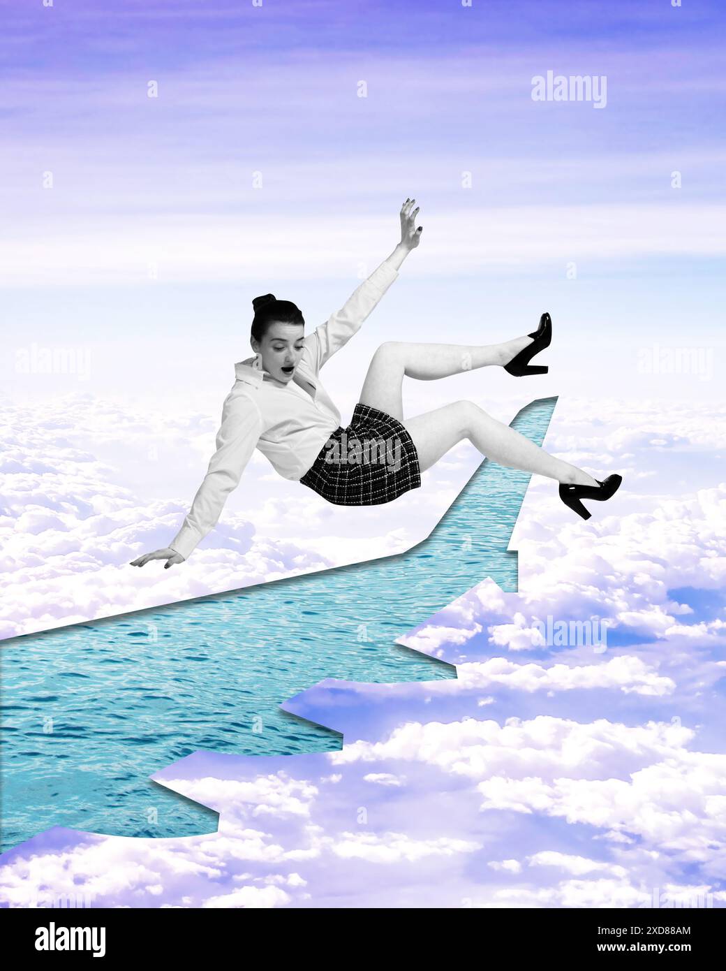 Contemporary art collage. Young woman, office worker falling down on ...