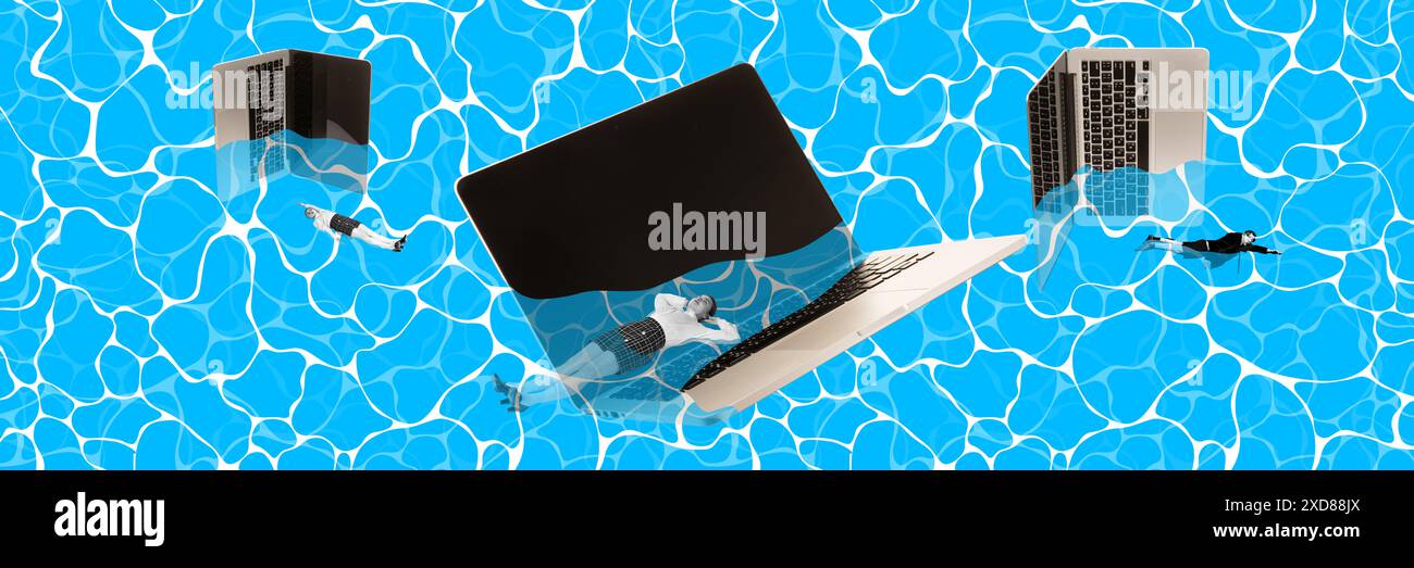 Contemporary art collage. Business people, employees swimming into sea ...