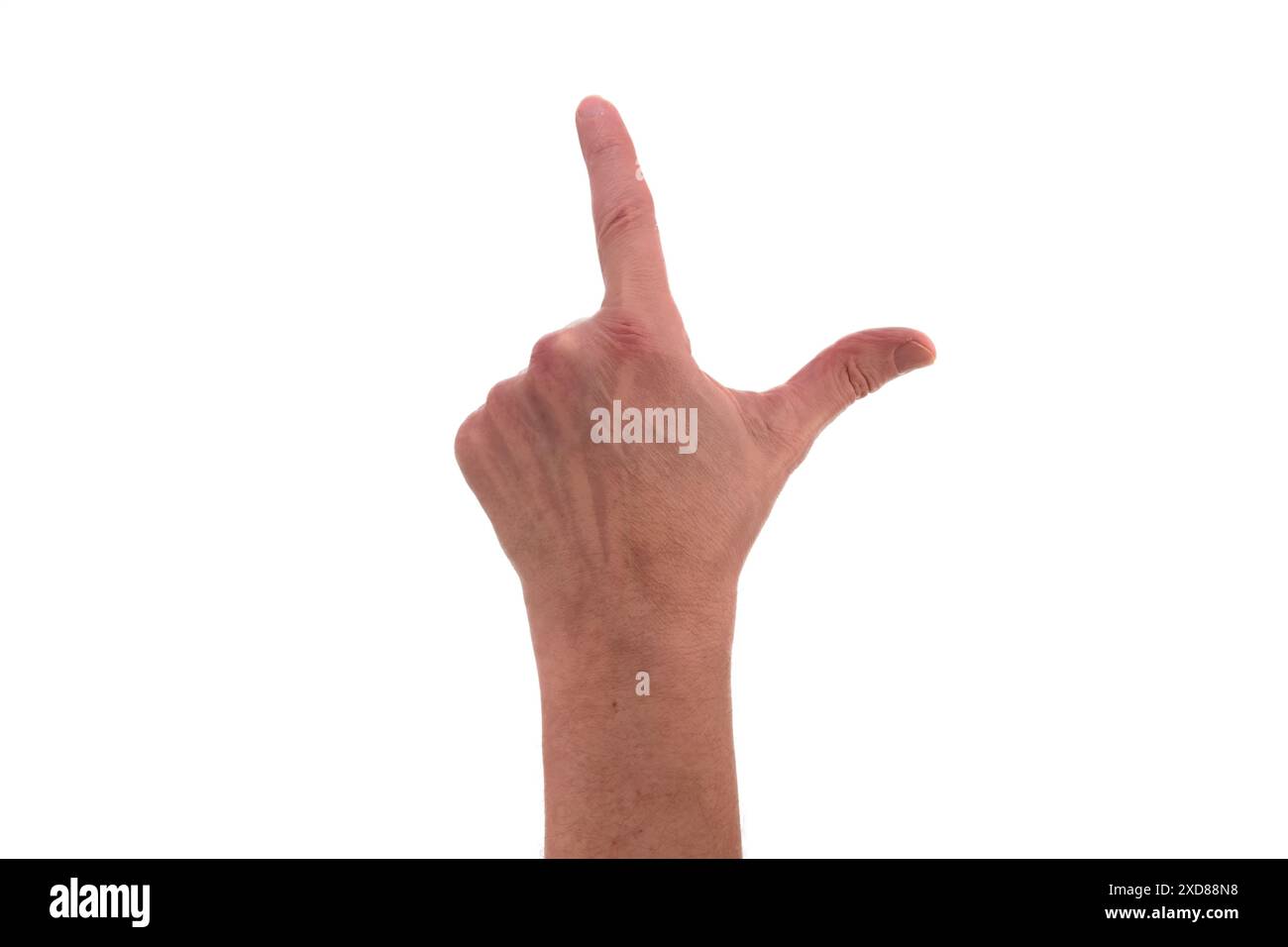 Hand signs. Male hand gesture pointing direction isolated on white ...