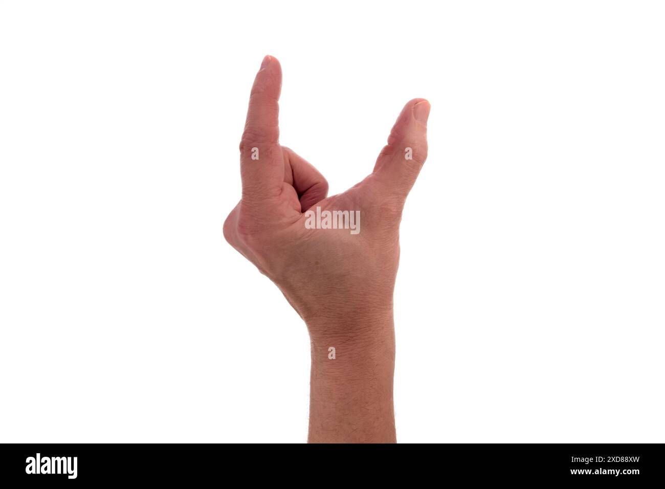 Hand signs. Male hand gesture showing something small isolated on white ...