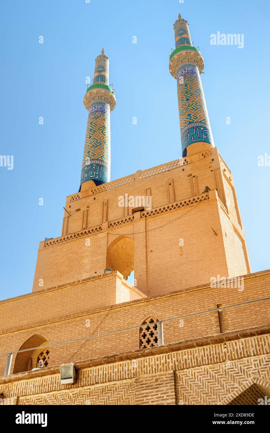 Bottom view of awesome minarets of the Jameh Mosque of Yazd, Iran ...
