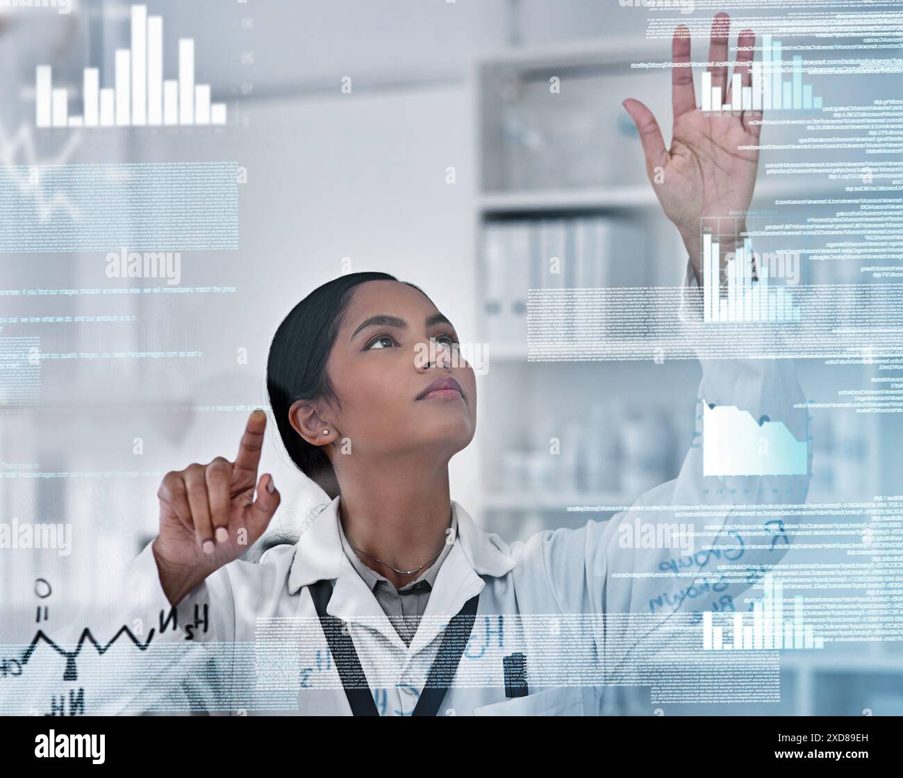 Woman, science and formula with futuristic overlay on glass, research ...