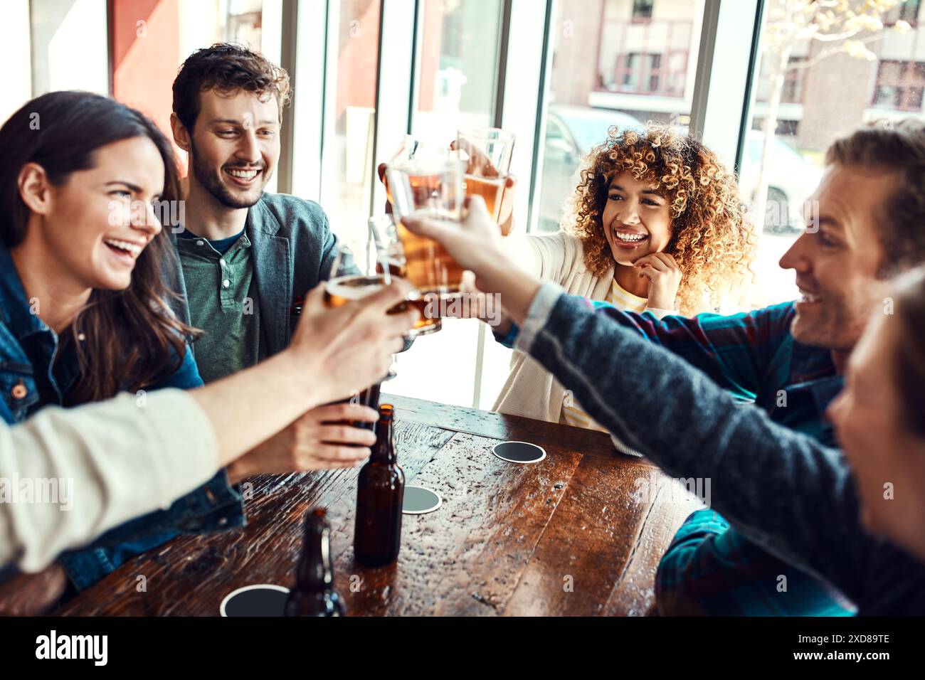 Friends, people and toast in pub for beer with smile for reunion ...
