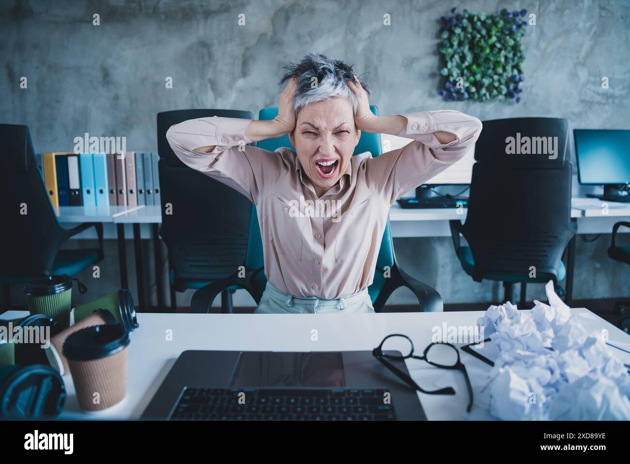 Photo of irritated annoyed age lady agent dressed formal shirt working ...