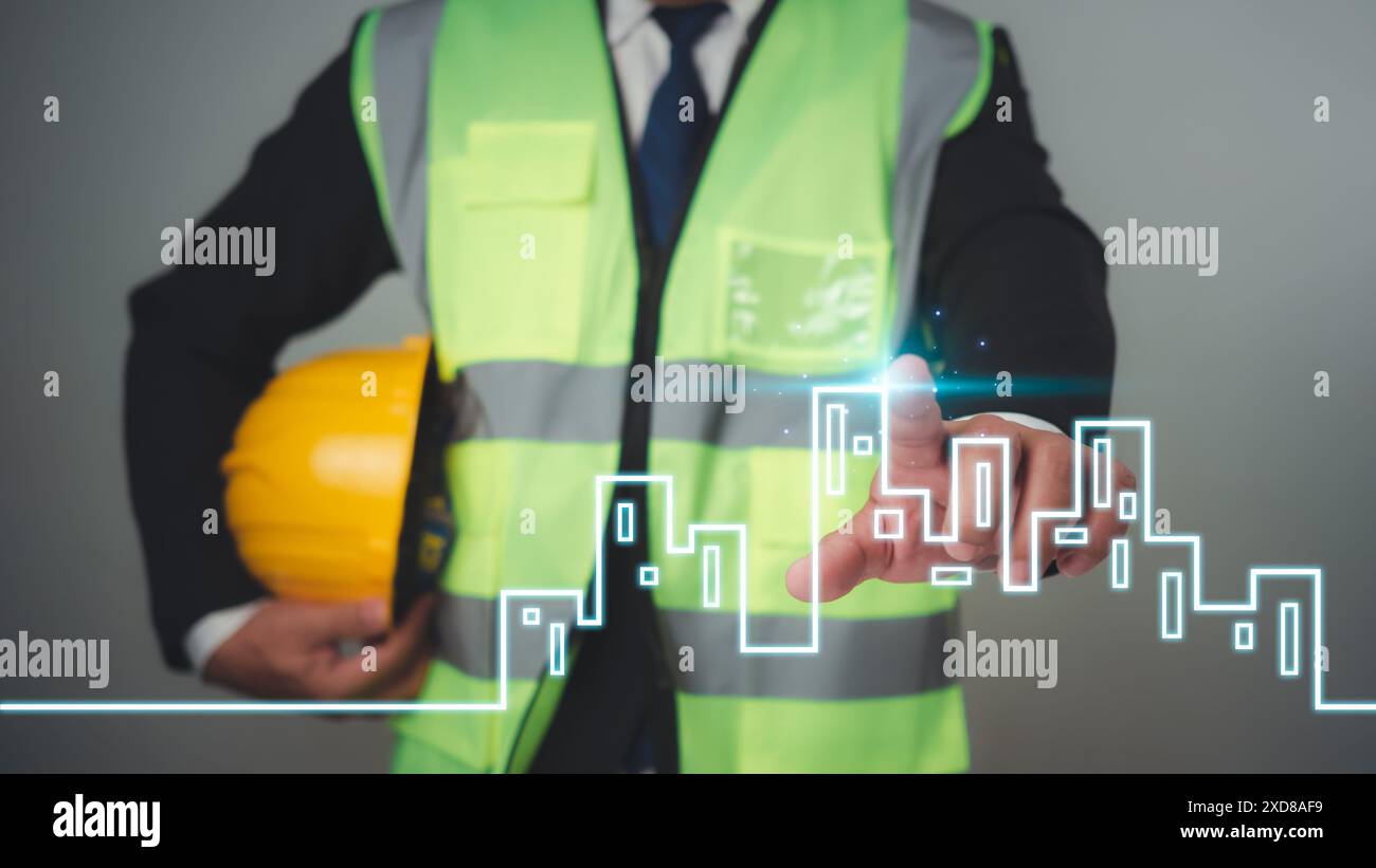 Engineer using tablet to work on table, Project presentation plan ...